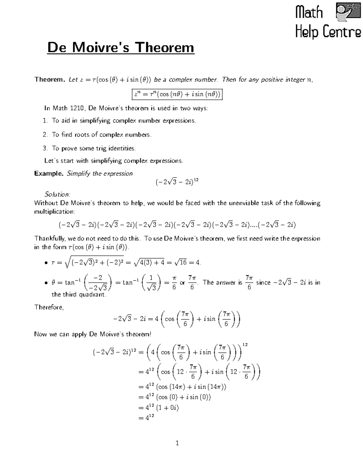 De Moivre's Theorem - De Moivre’s Theorem Theorem. Let z = r(cos (θ ...