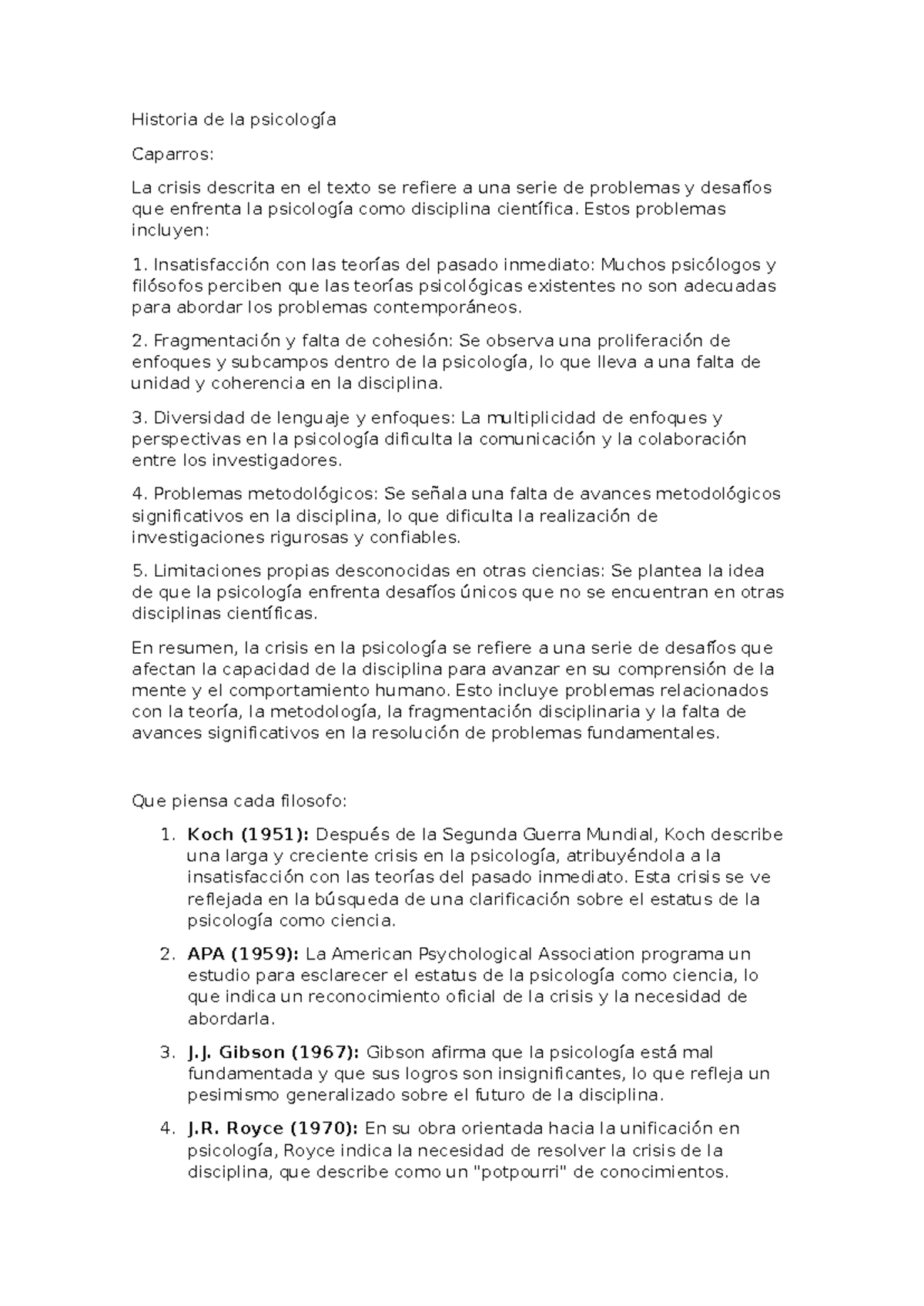 Resumen del texto de Caparros - Historia de la psicología Caparros: La ...