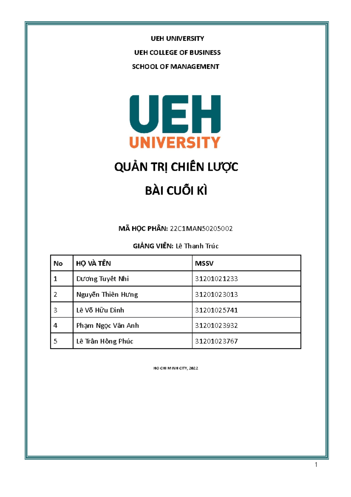 Final Assignment SM - Nhóm 3 ADC04 - UEH UNIVERSITY UEH COLLEGE OF BUSINESS SCHOOL OF MANAGEMENT ...