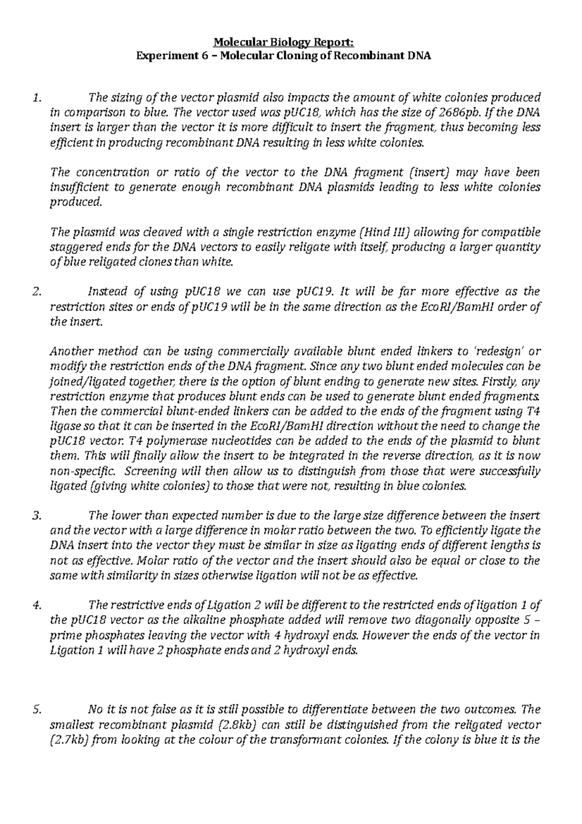 Molecular Biology Report 6 - Molecular Biology Report: Experiment 6 ...