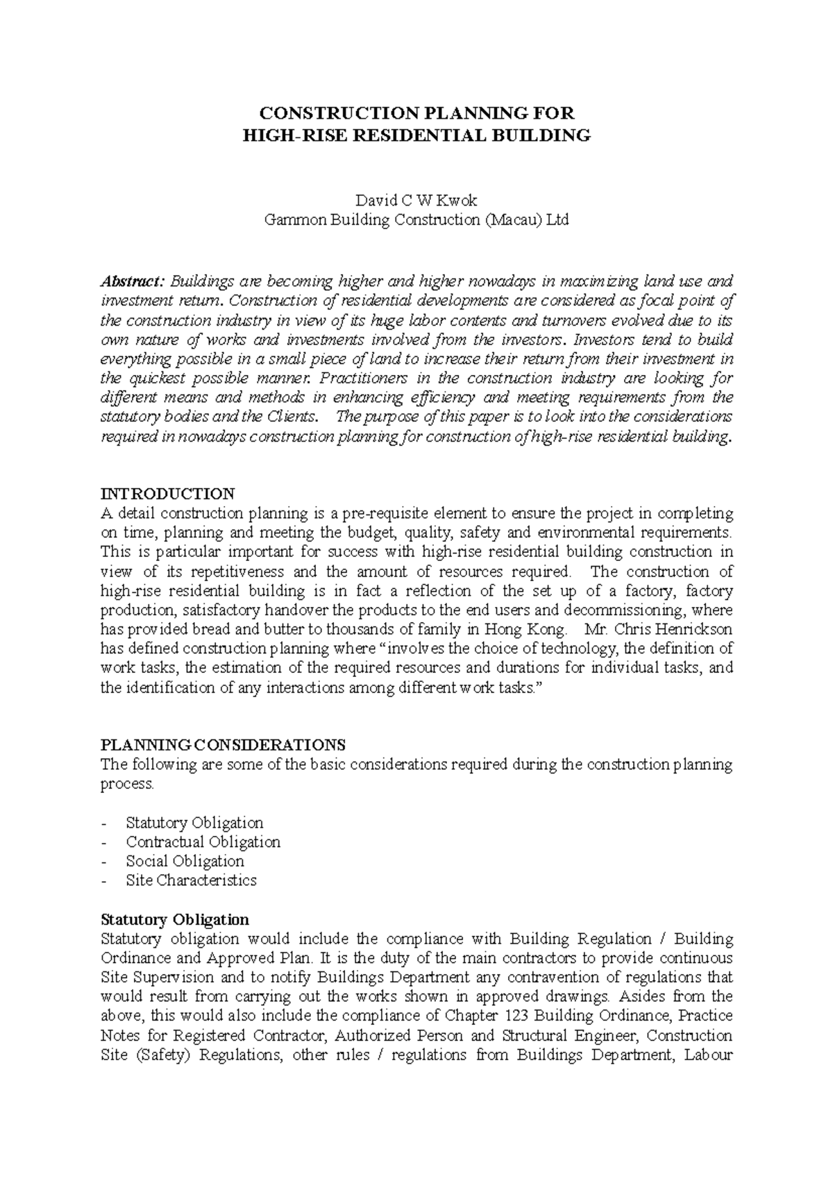 Construction Planning FOR HIGH RISE RESI - CONSTRUCTION PLANNING FOR ...