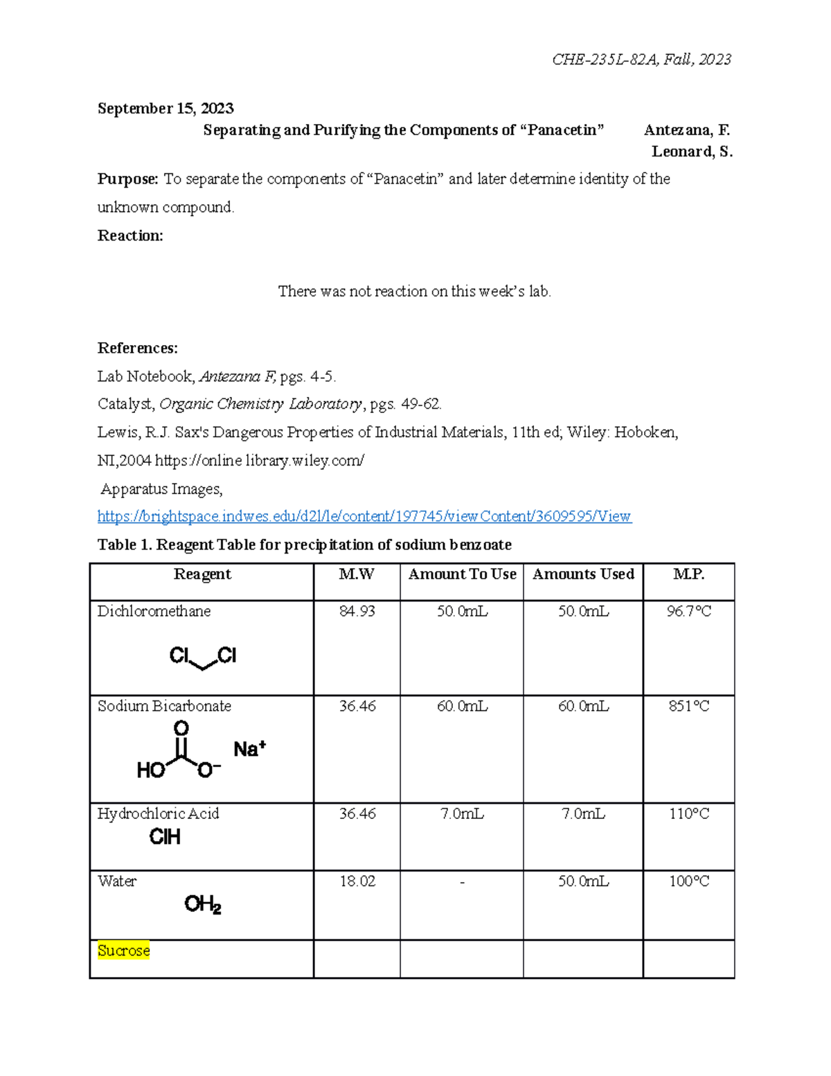 Lab Report 2 - September 15, 2023 Separating and Purifying the Components of “Panacetin ...