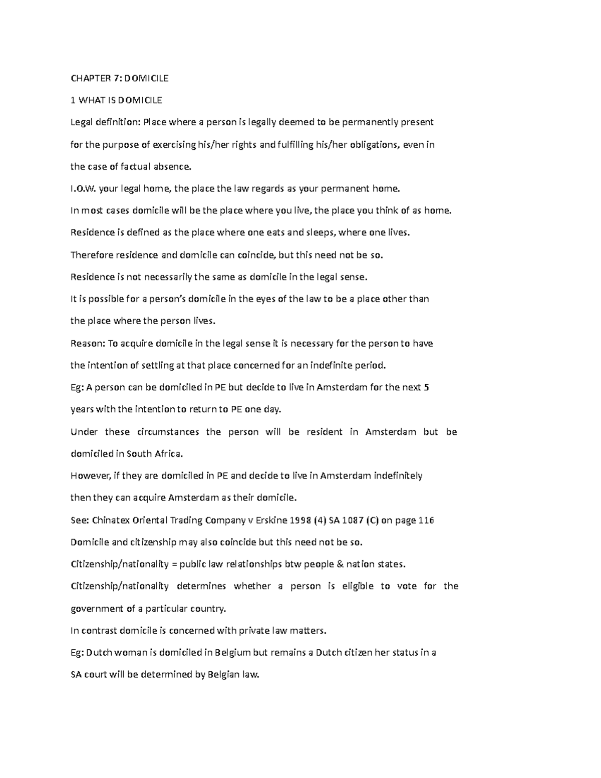 Domicile summarised - NOTES - CHAPTER 7: DOMICILE 1 WHAT IS DOMICILE ...