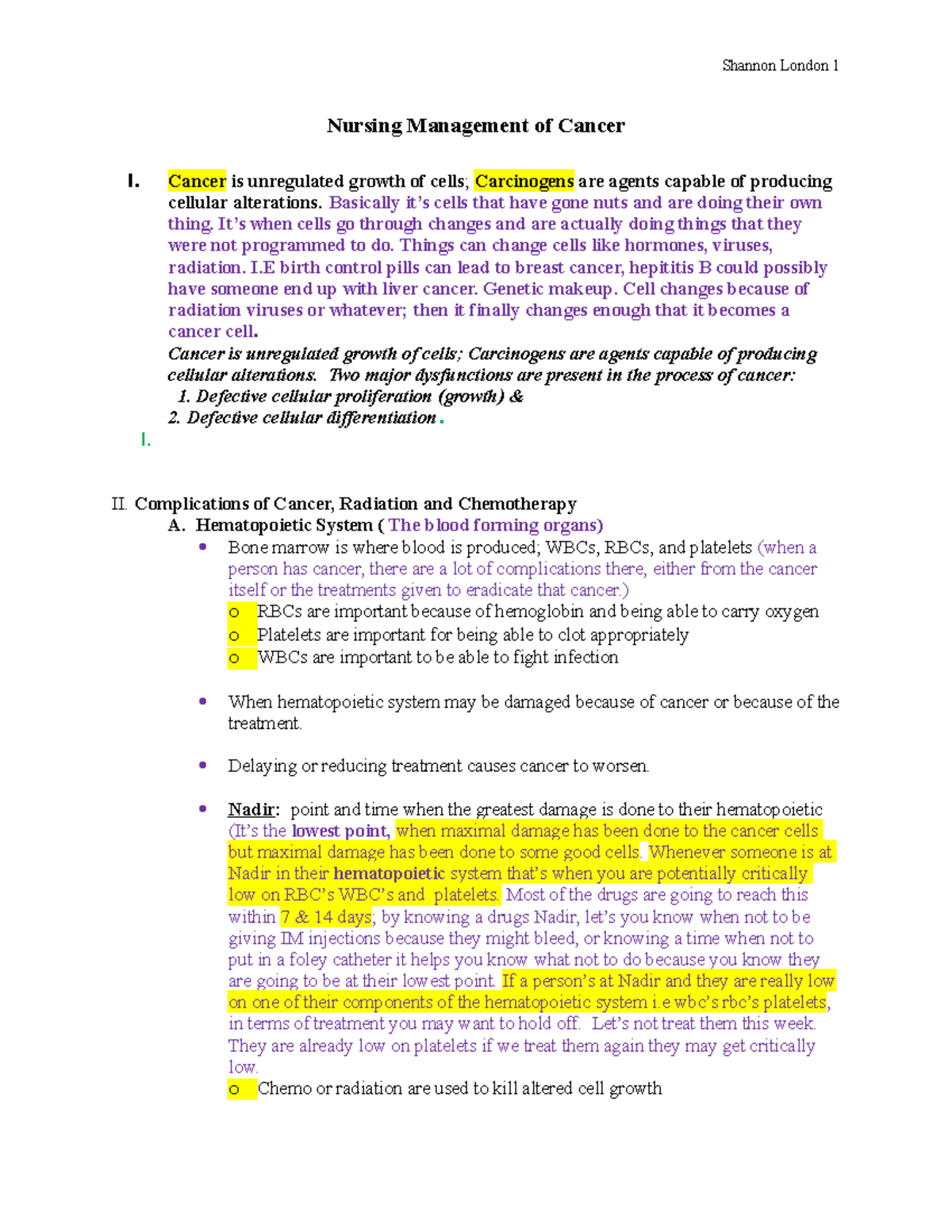 Cancer Outline SAL - Chapter test notes - Nursing Management of Cancer ...