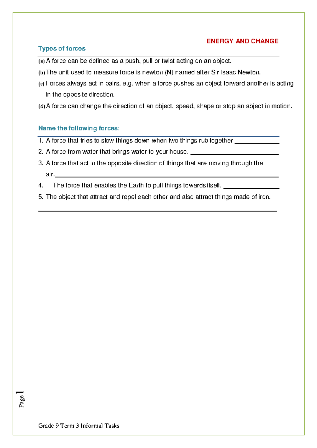 NS Grade 9 Term 3 Leaner Guide - ENERGY AND CHANGE Types of forces (a ...