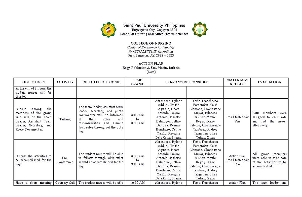 Action Plan DEC. 10 - chn - Saint Paul University Philippines Tuguegarao City, Cagayan 3500 ...
