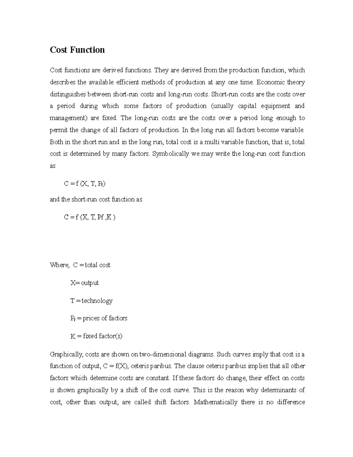 Cost Function - Micro Economics I - UoK - Studocu