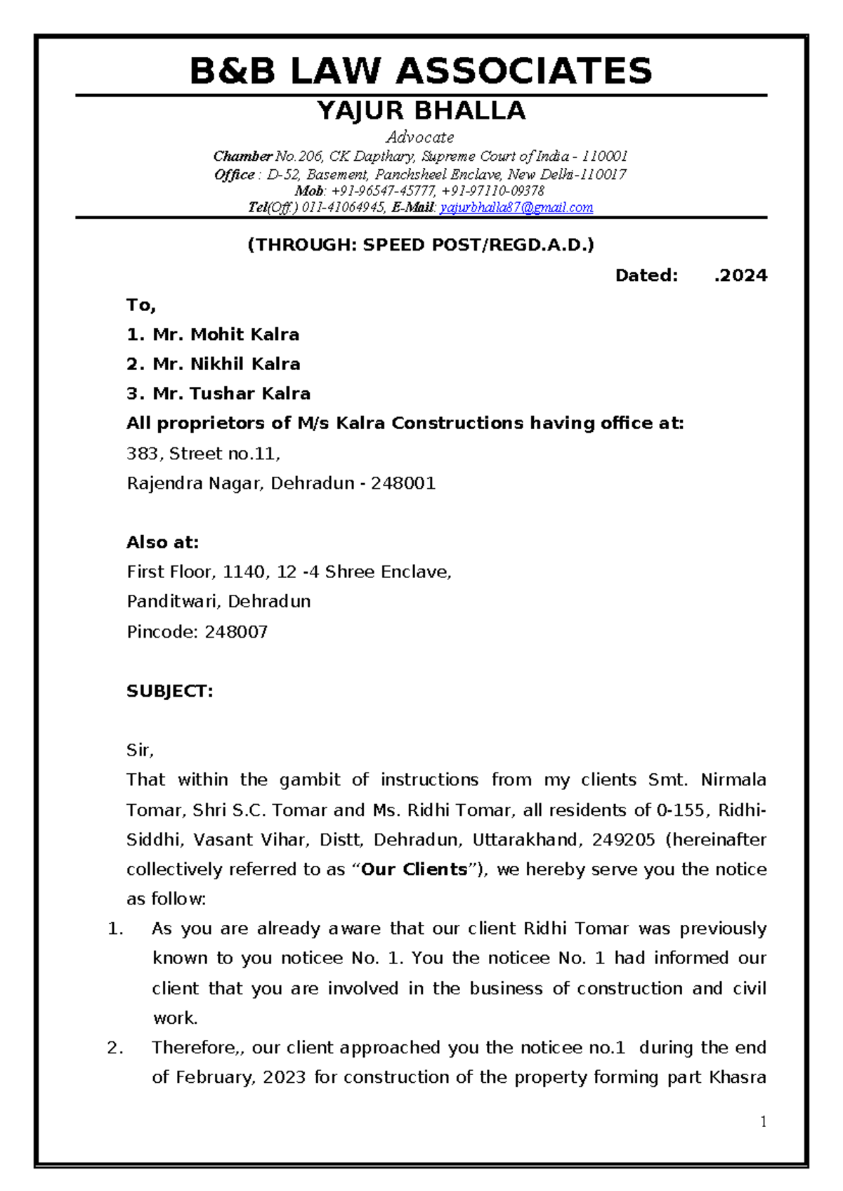 Legal Notice format - YAJUR BHALLA Advocate Chamber No, CK Dapthary ...
