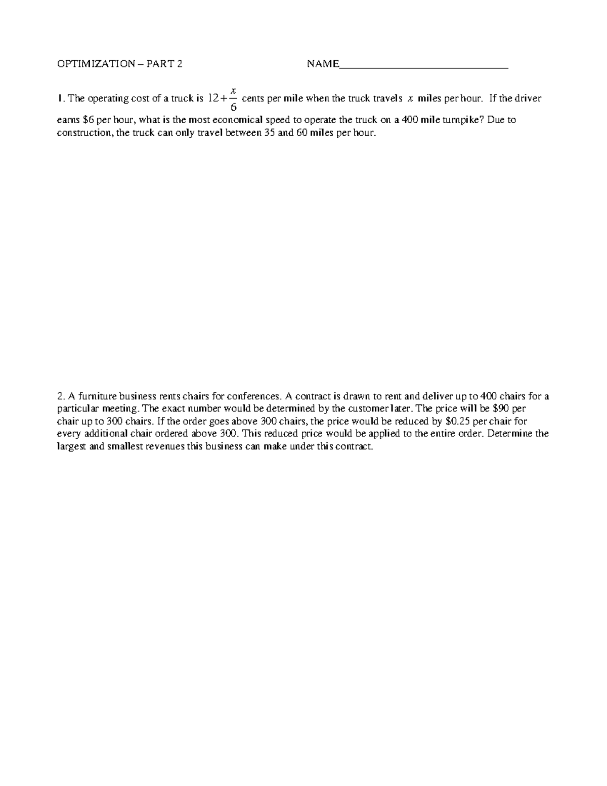 Optimization 2 - Calc practice resource used by Dr. Myers for daily ...