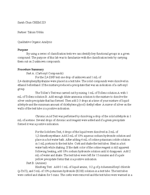 CHEM 22500 - 27 Lab Report #4 - Qualitative Organic Analysis - Lab Report #4: Qualitative ...