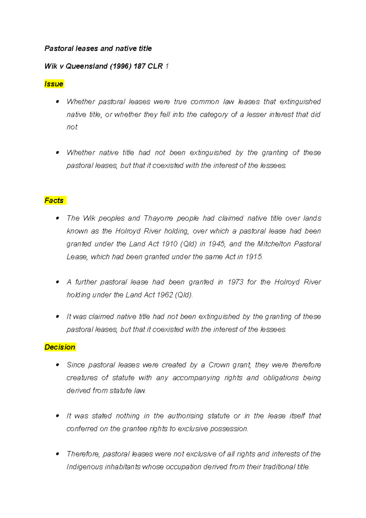 Wik - Summary - Pastoral leases and native title Wik v Queensland (1996 ...