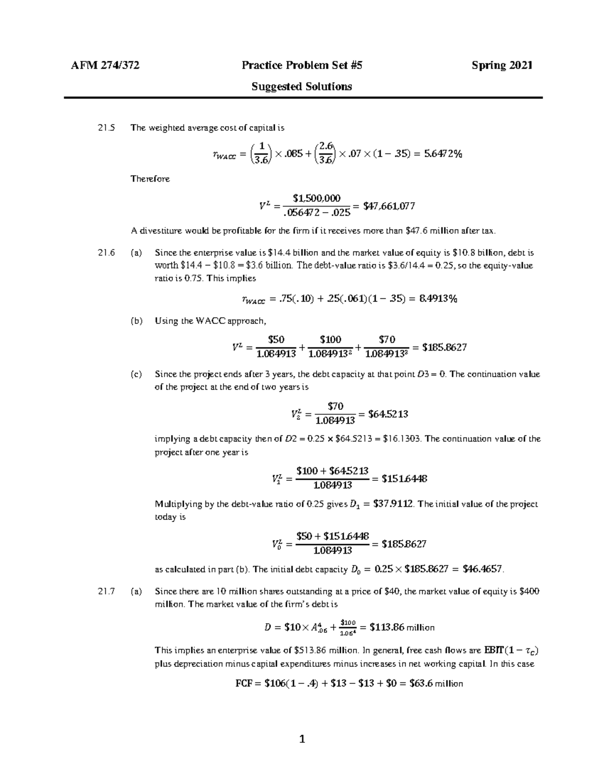 Problem Set 5 S'21 - Solutions - AFM 274/372 Practice Problem Set #5 Spring 2021 Suggested ...