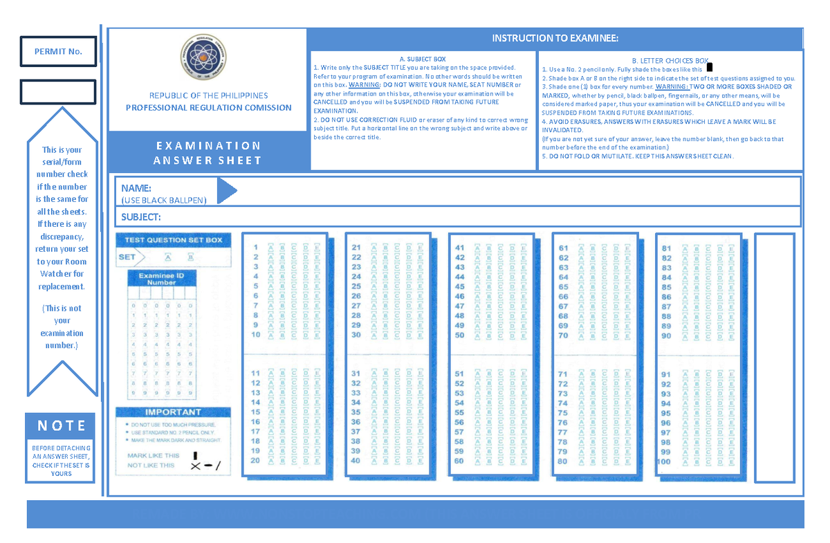 Sample LET Answer Sheet unlocked - FOR PRACTICE ONLY 123456 This is ...