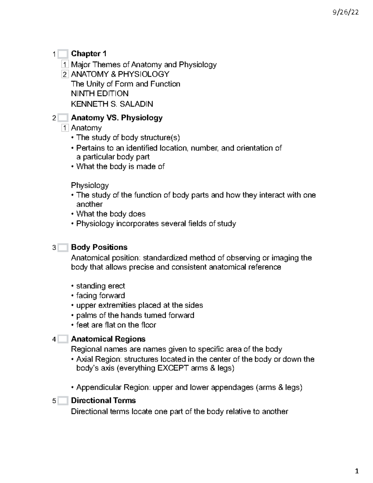 Week 1 - Anatomy and Physiology Chapter 1 Outline - 9/26/ Chapter 1 ...