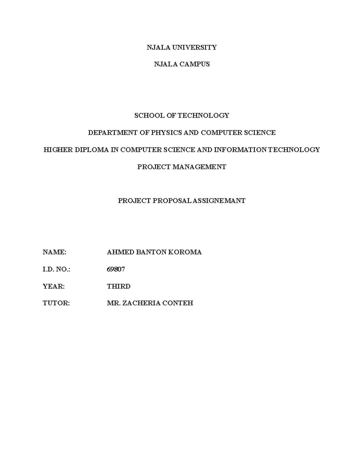 Project Proposal Sample - NJALA UNIVERSITY NJALA CAMPUS SCHOOL OF ...