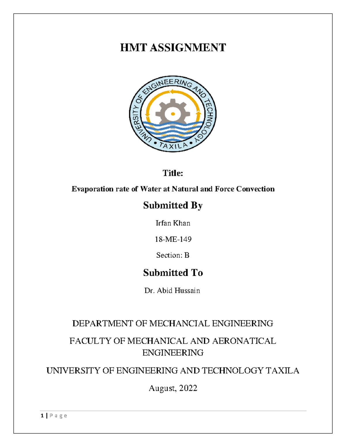 HMT Report - HMT ASSIGNMENT Title: Evaporation rate of Water at Natural ...
