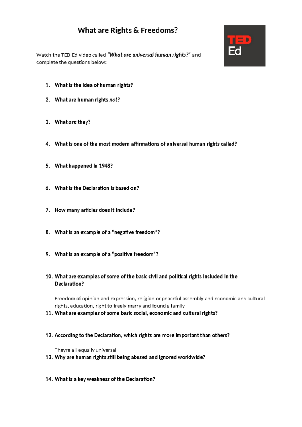 What Are Rights Freedoms (TED-Ed Worksheet) - What are Rights ...