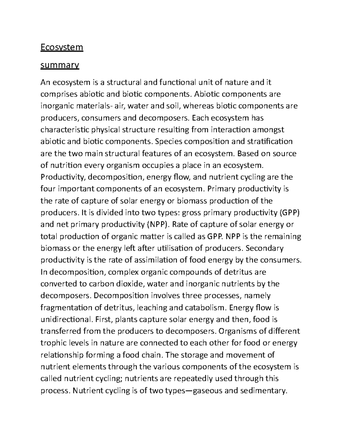 Ecosystem short summary - Ecosystem summary An ecosystem is a ...