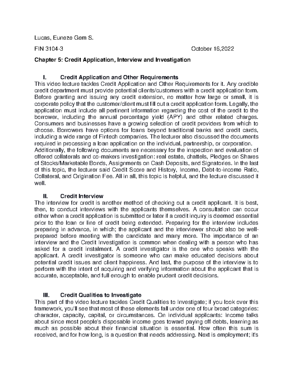 Chapter 5- Reflection Paper- Lucas, EGS - Lucas, Euneze Gem S. FIN 3104 ...