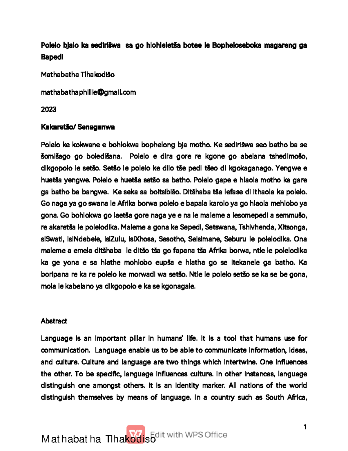 Language - 1 Polelo bjalo ka sedirišwa sa go hlohleletša botee le ...