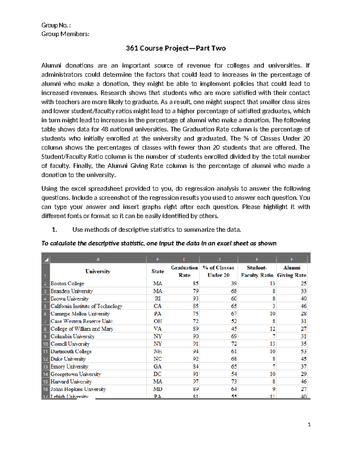 361 Course Project Part 2-1 - Group Members: 361 Course Project—Part Two Alumni donations are an ...