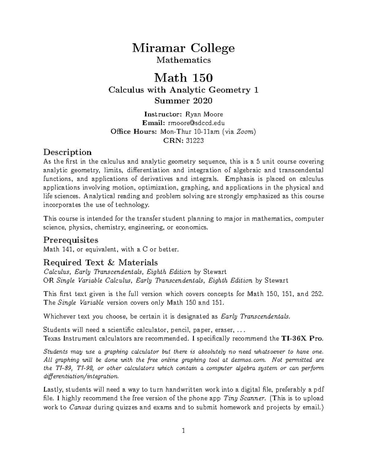 Math 150, Syllabus - add - Miramar College Mathematics Math 150 ...