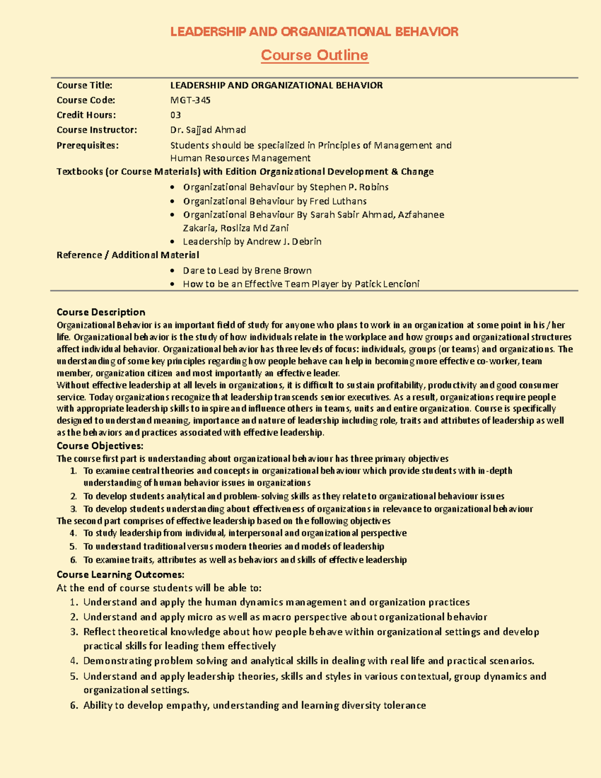 Leadership and OB Course Outline - LEADERSHIP AND ORGANIZATIONAL ...