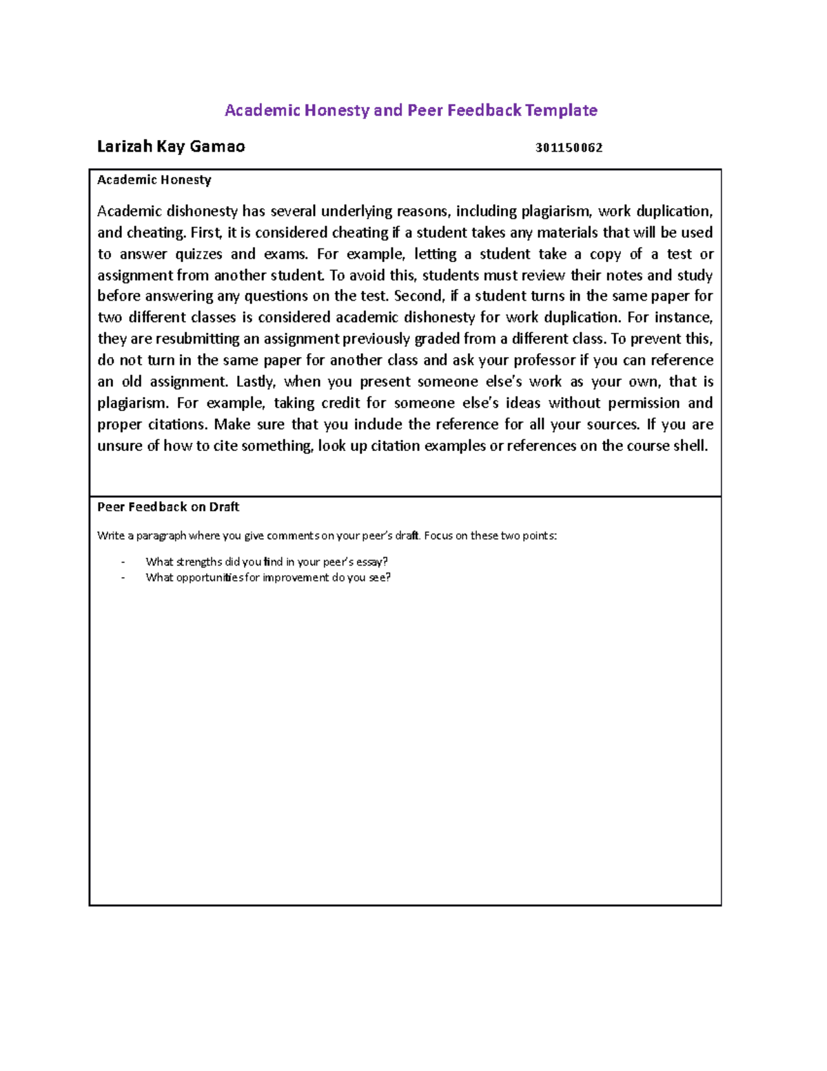 Academic Honesty and Peer Feedback Template - First, it is considered ...