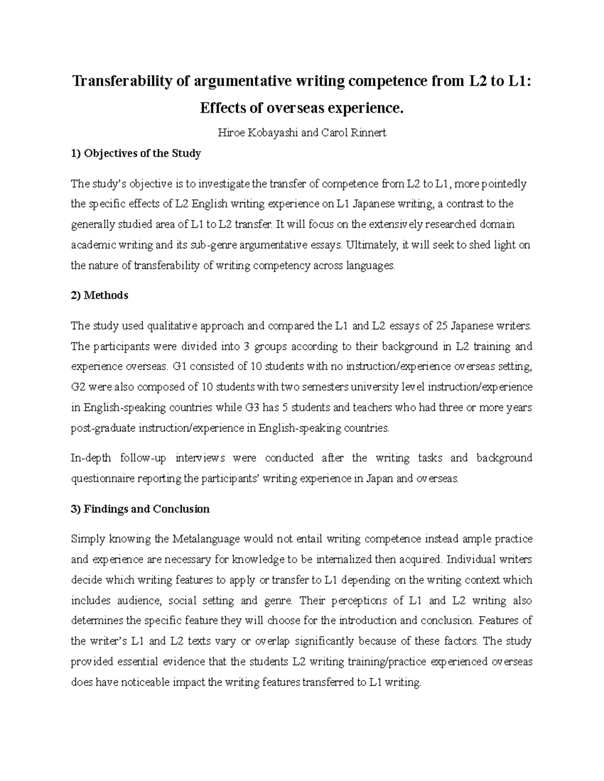 Assign 9 Transferability of argumentative writing competence from L2 to ...