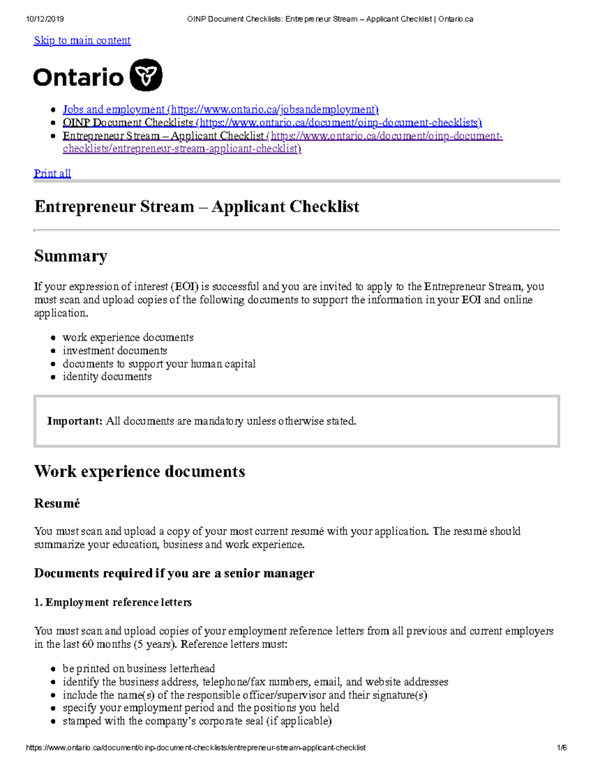 OINP Document Checklists Entrepreneur Stream – Applicant Checklist ...