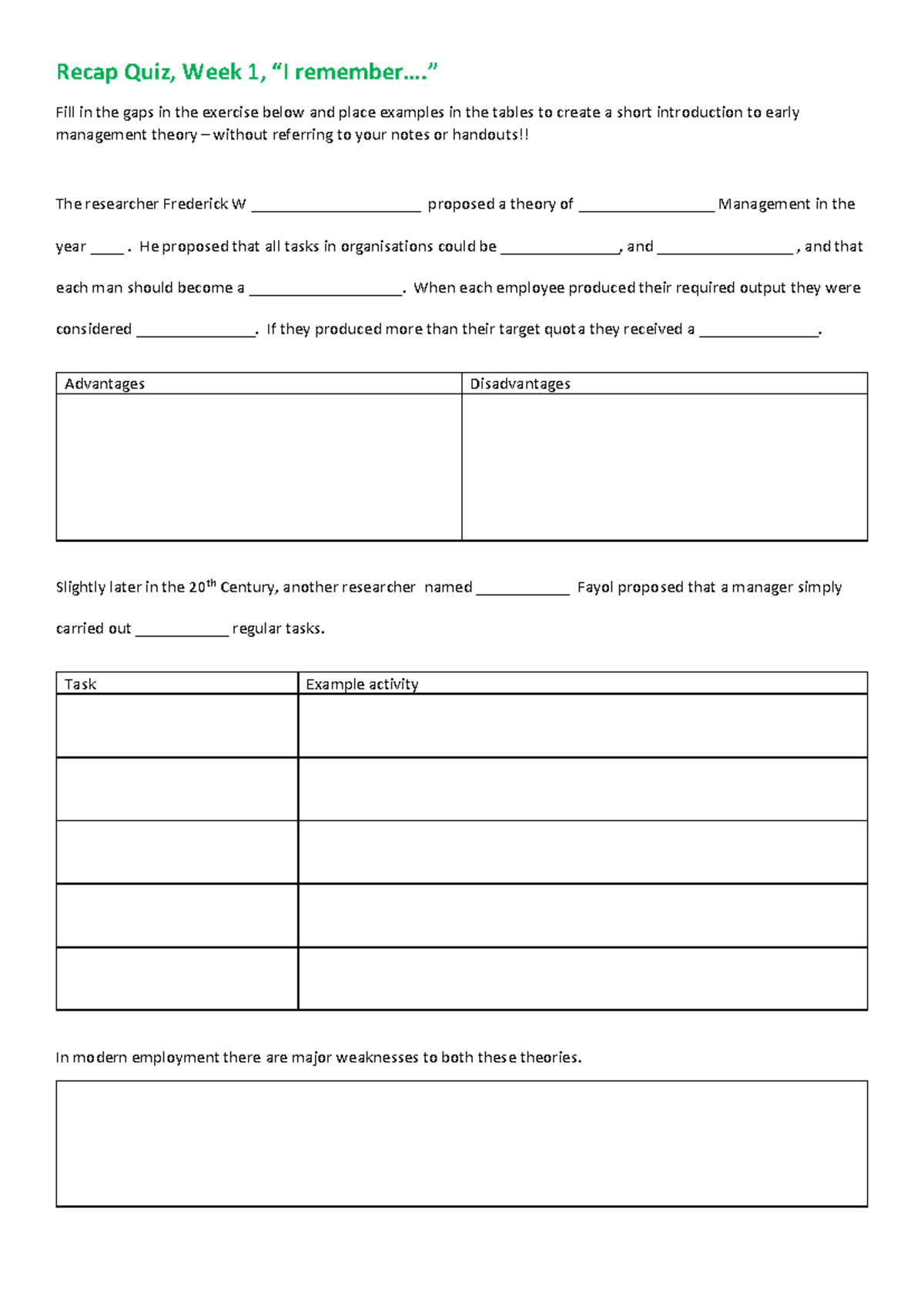 W1 S1 Activity - Recap Quiz, Week 1, “I remember....” Fill in the gaps ...