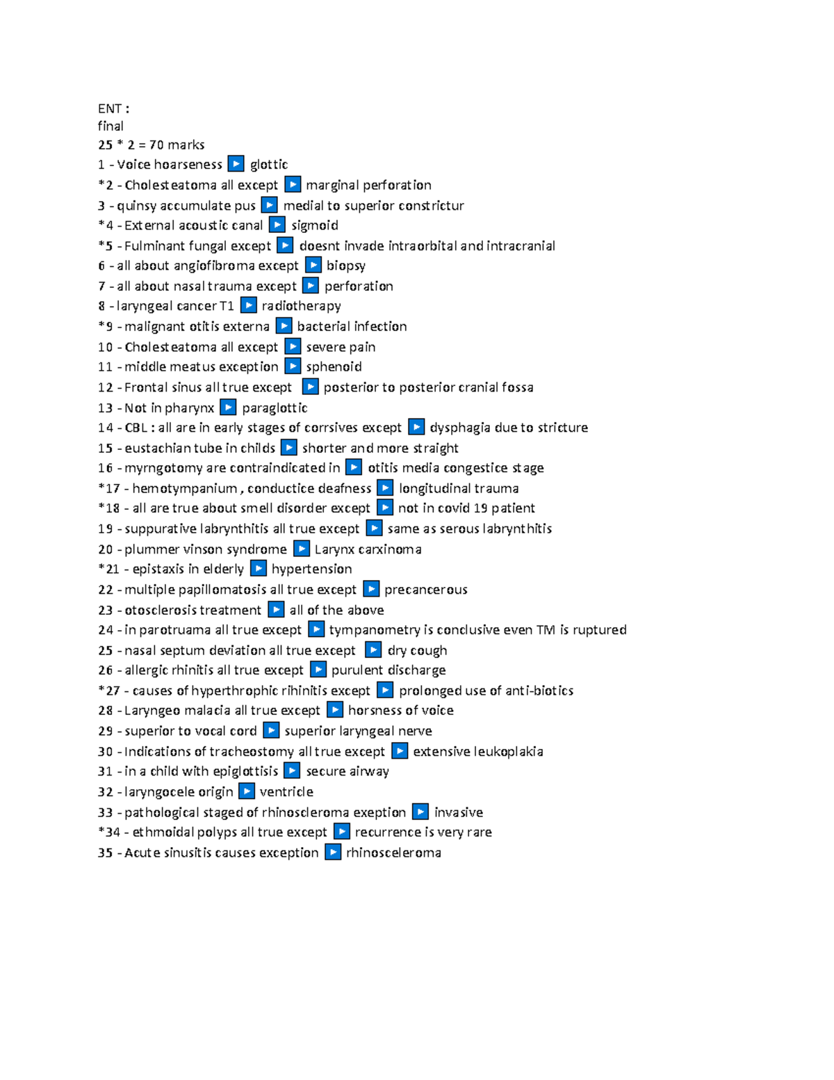 1- ENT Final Questions - Pharmacology 4 - ENT : final 25 * 2 = 70 marks ...