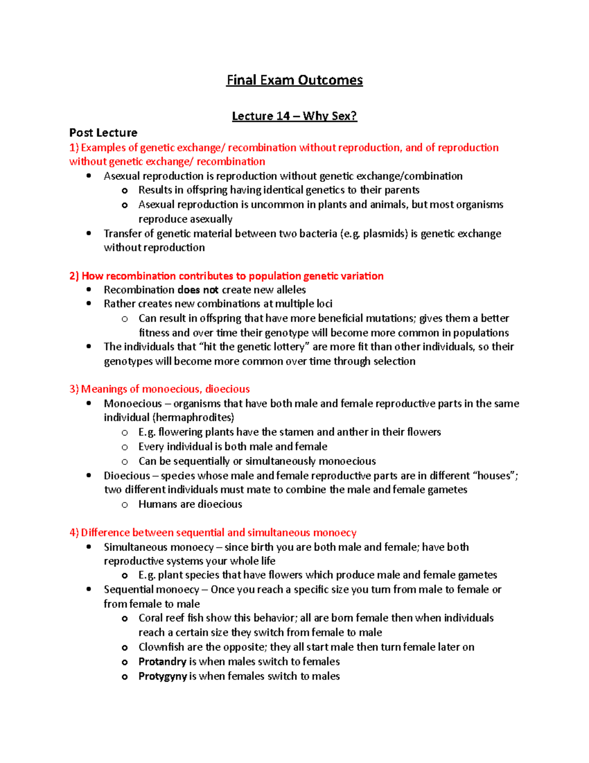 Final-Exam-Outcomes - Summary Biology for Science I - Final Exam ...