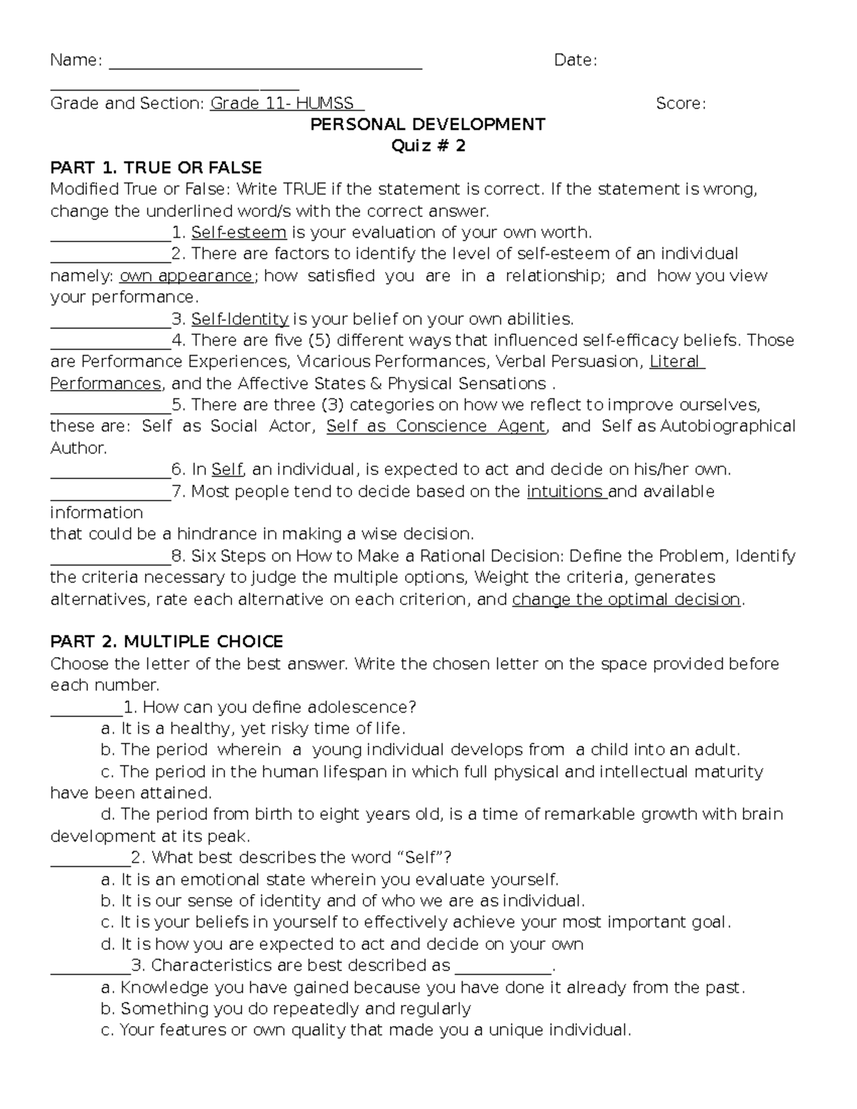 Knowing Oneself- Quiz - Name ...