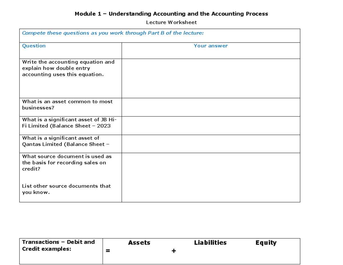 Module 1 Part B Lecture worksheet - Module 1 – Understanding Accounting ...