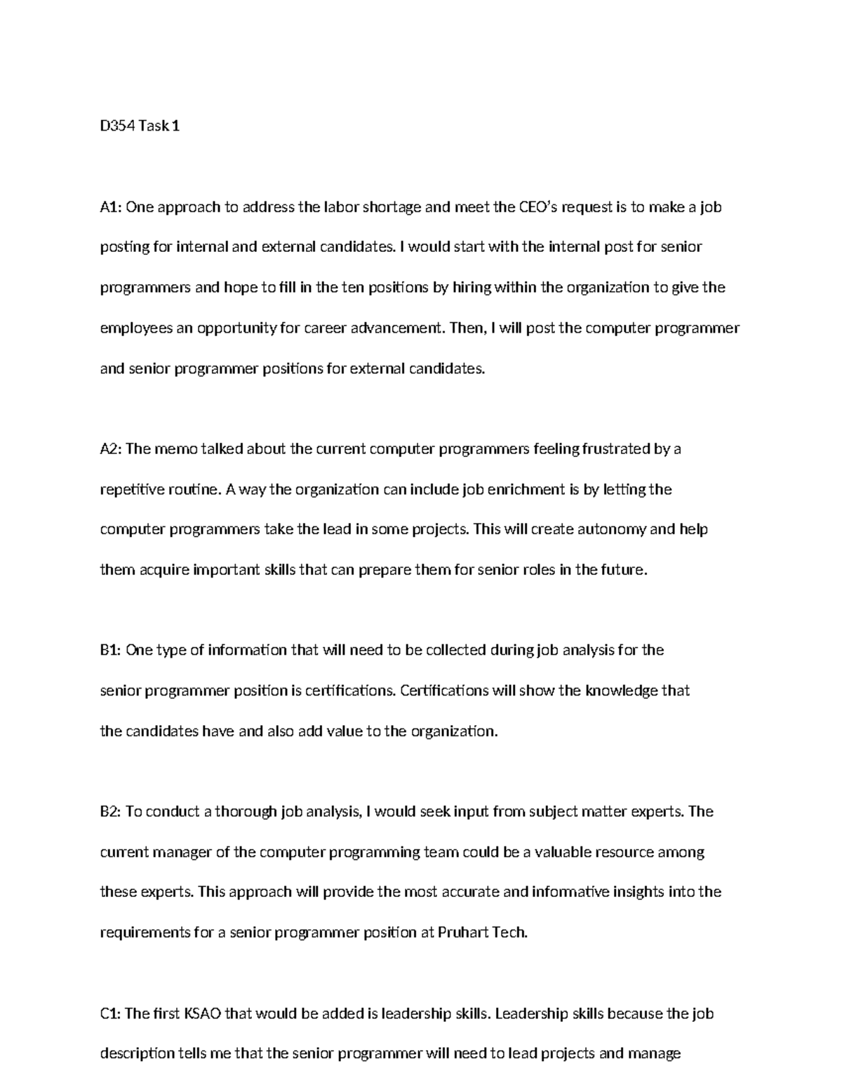 D354 Talent Acquisition Task 1 - D354 Task 1 A1: One approach to ...