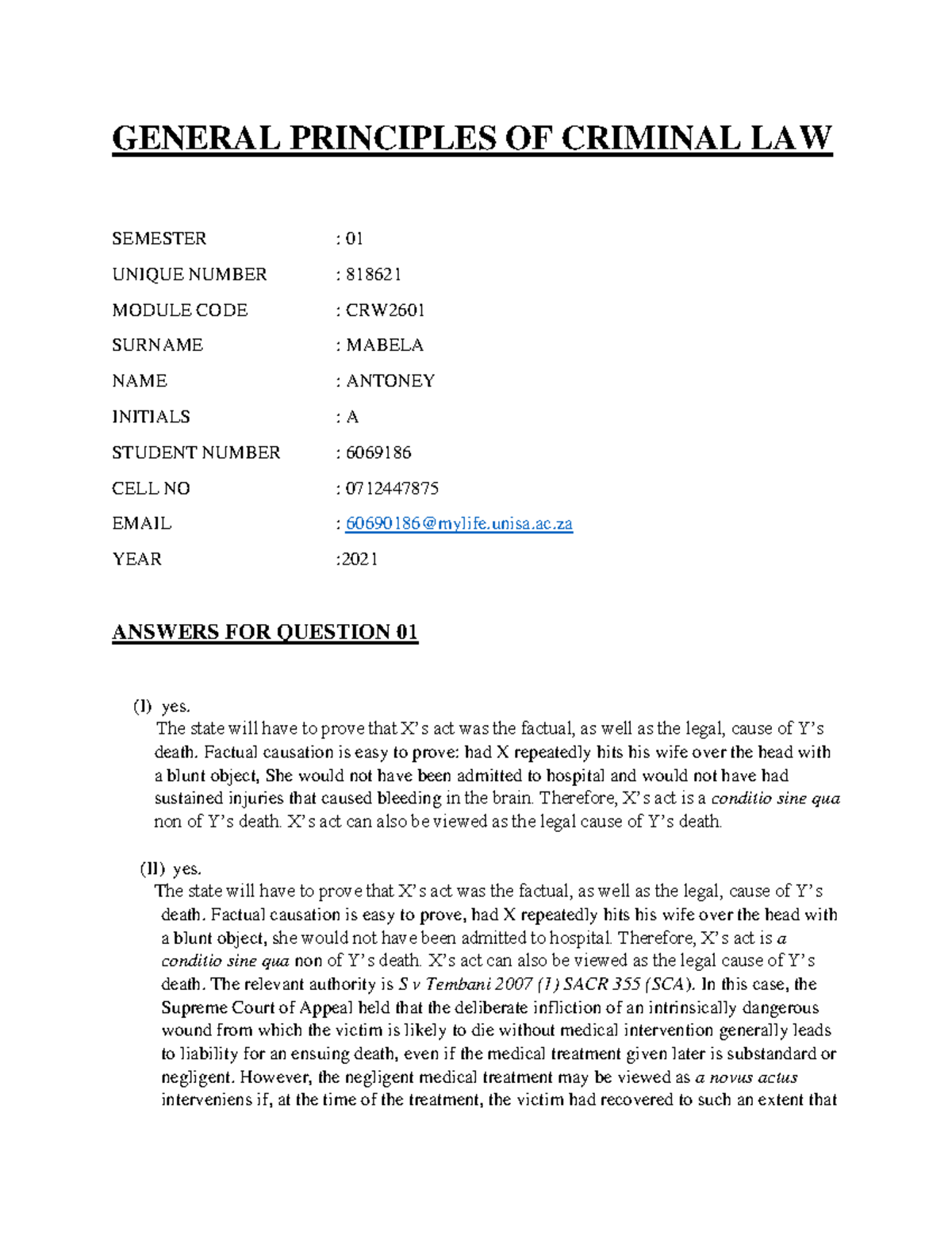 2021 assignment - GENERAL PRINCIPLES OF CRIMINAL LAW SEMESTER : 01 ...