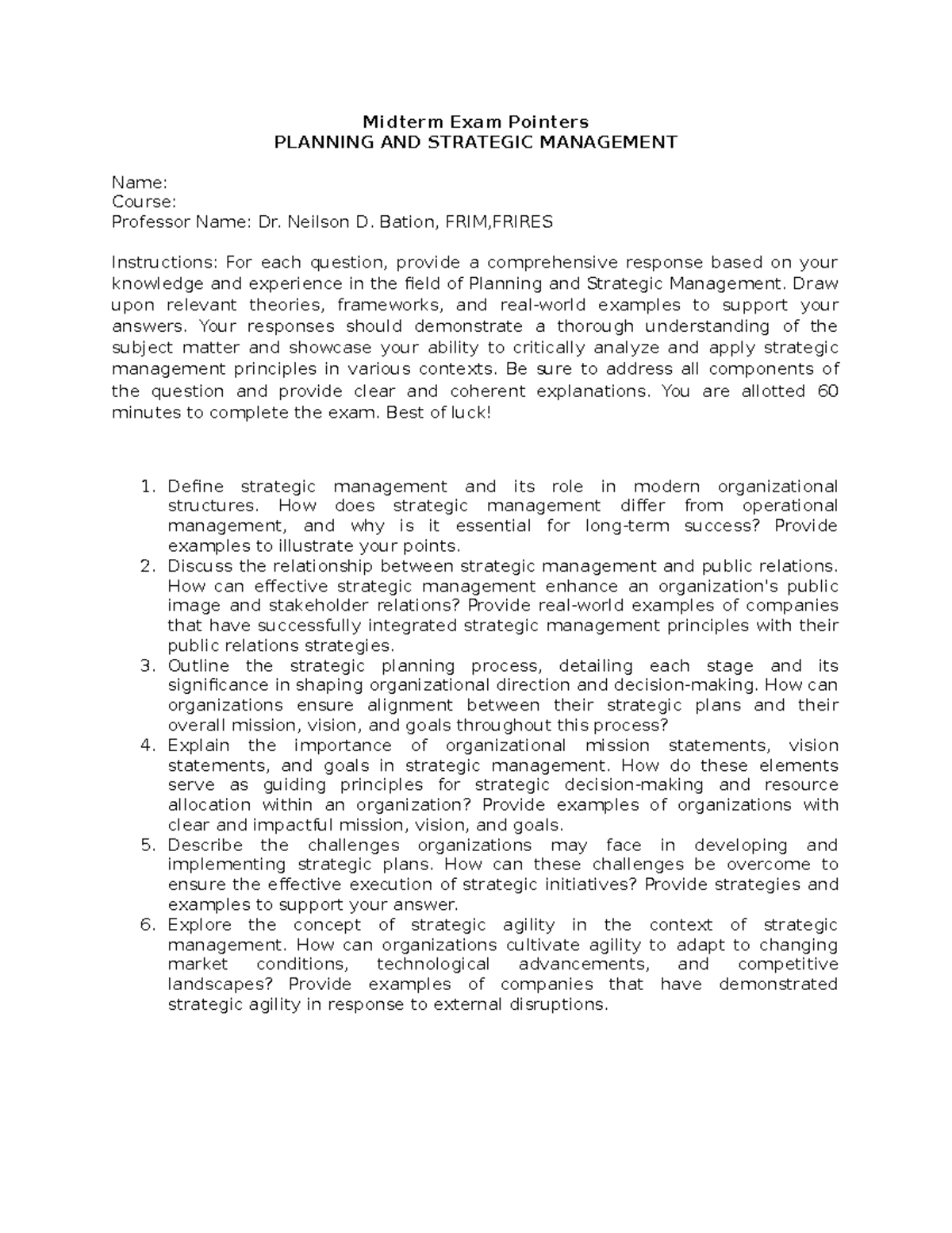 Midterm Exam Pointers Planning And Strategic Management Midterm Exam Pointers Planning And