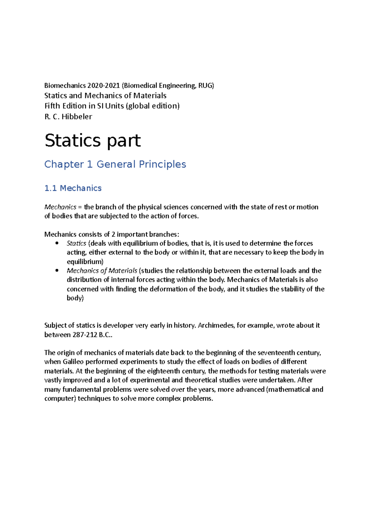 Biomechanics- statics 2020-2021 - Biomechanics 2020-2021 (Biomedical ...