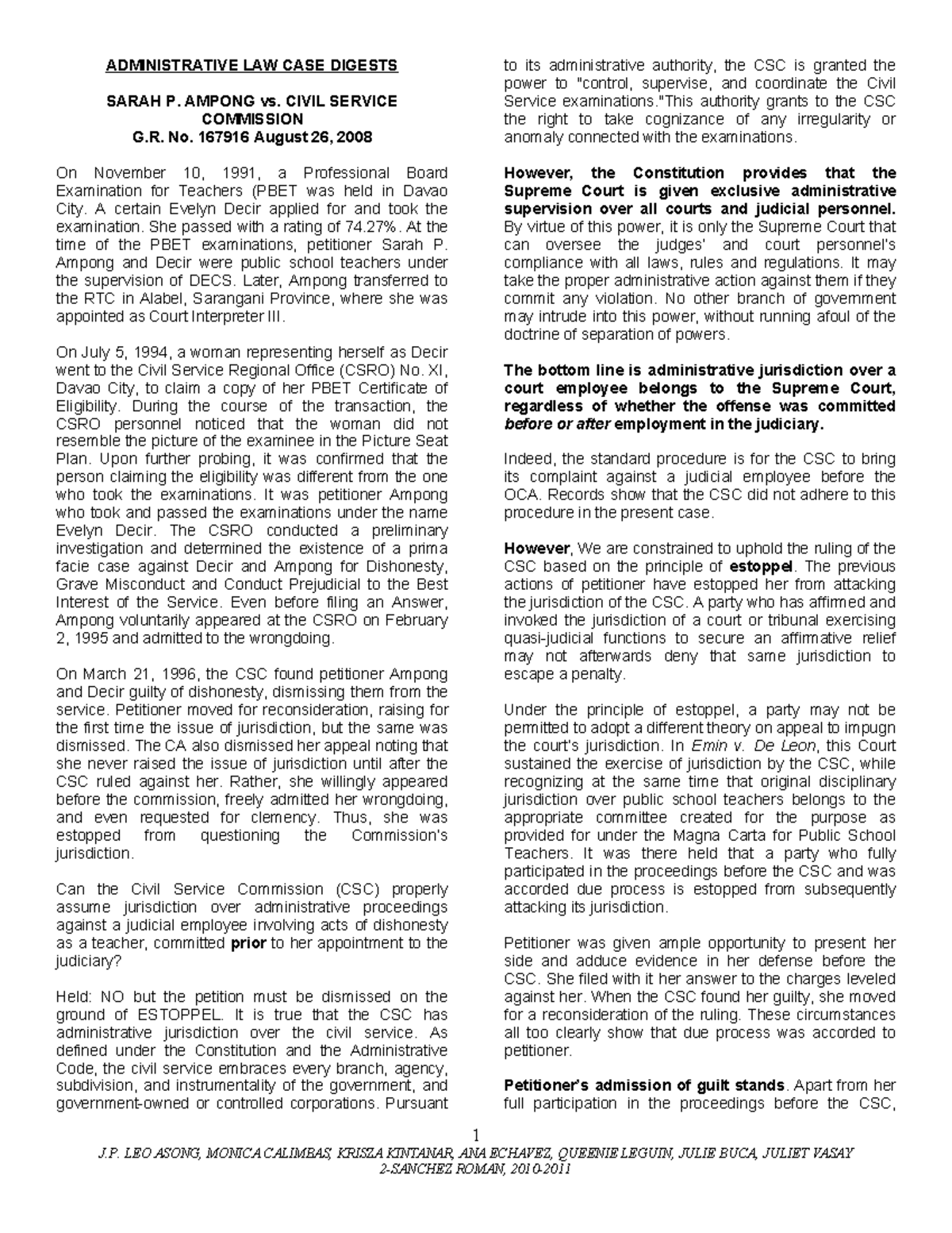 Document-2 - LECTURE NOTES - ADMINISTRATIVE LAW CASE DIGESTS SARAH P ...