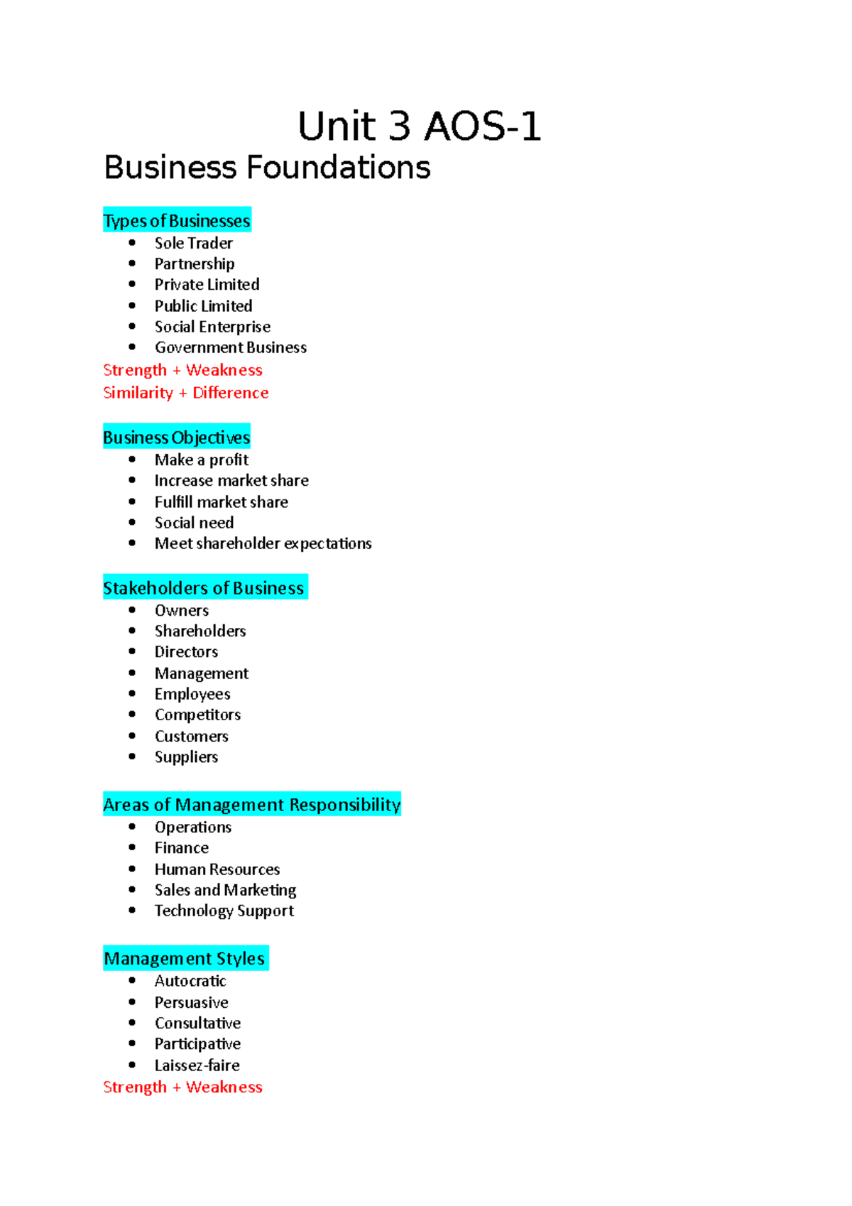 Business Management unit 4 aos2 - Unit 3 AOS- Business Foundations ...