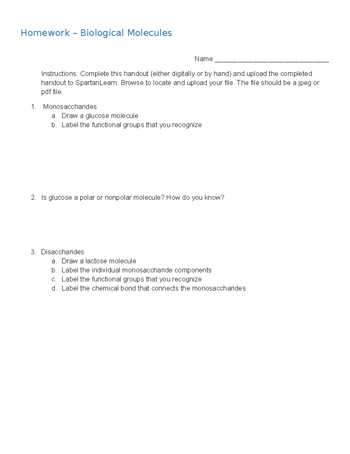 Biological Molecules - Homework – Biological Molecules Name