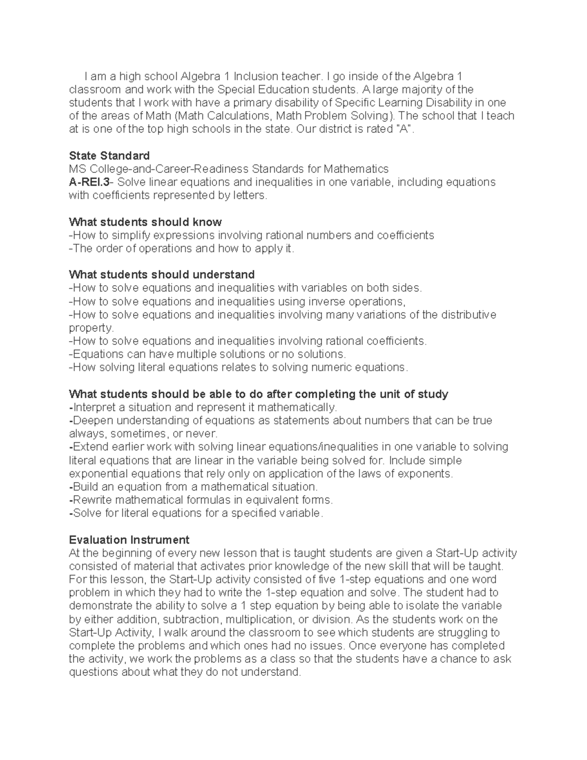 Conducting a Needs Analysis - I am a high school Algebra 1 Inclusion ...