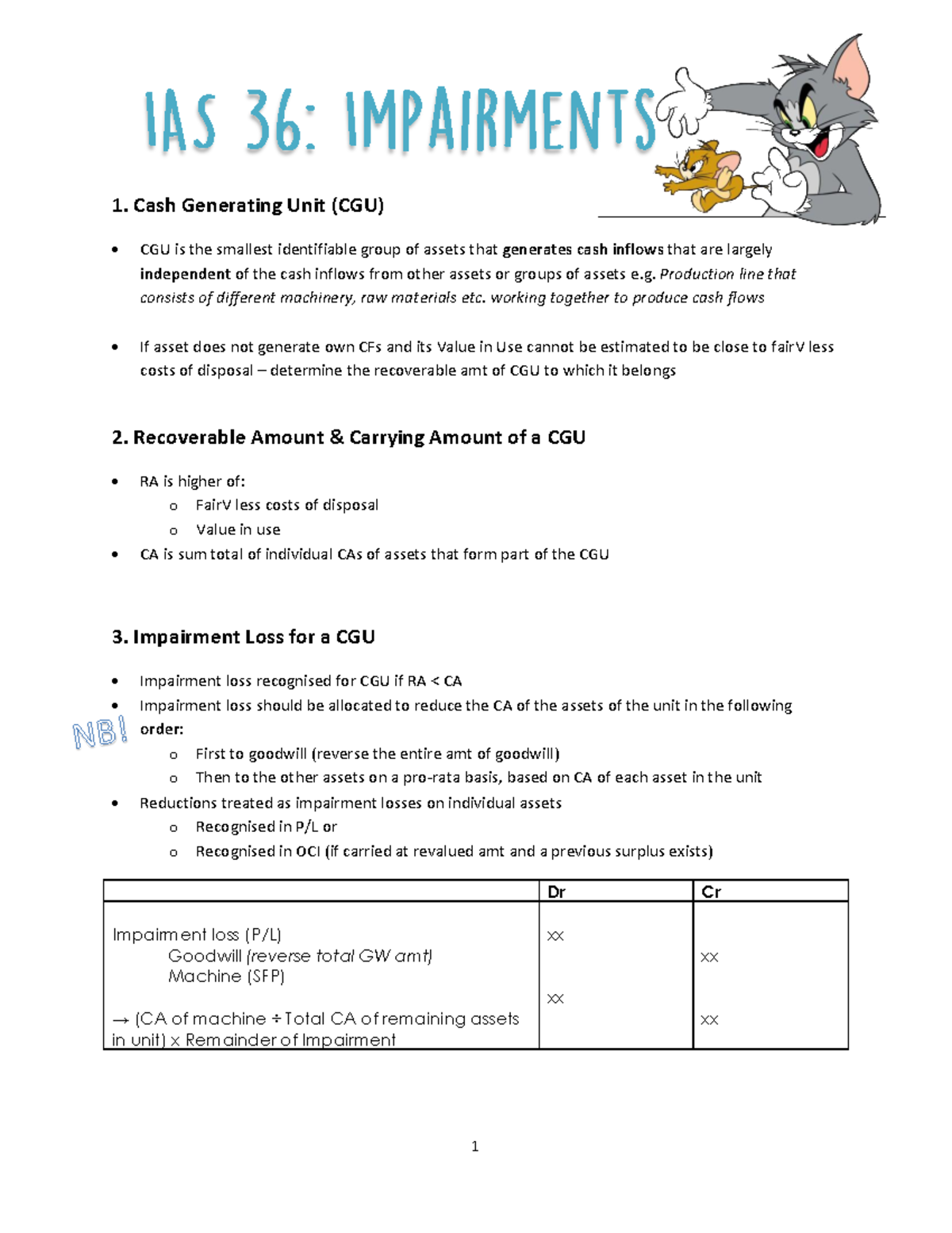 IAS 36 Notes - 1. Cash Generating Unit (CGU) CGU is the smallest ...