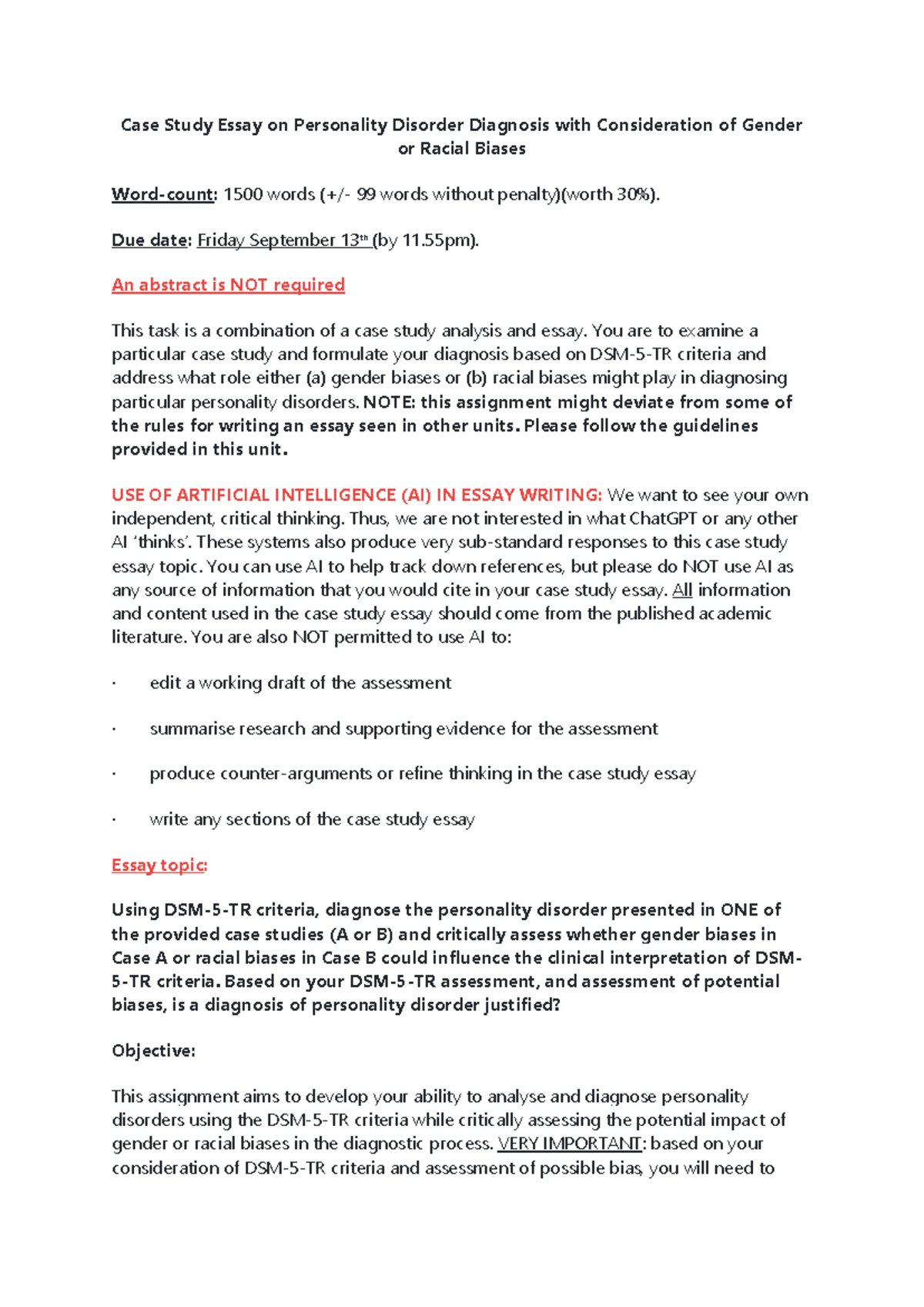 Case Study Essay on Personality Disorder Diagnosis with Consideration ...