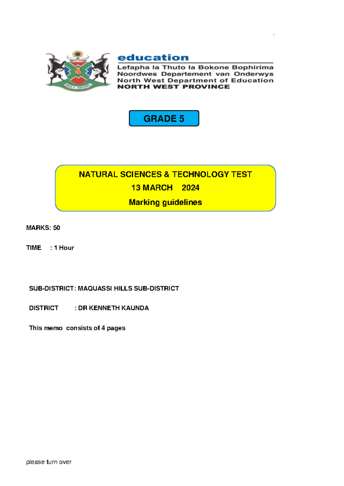 Grade 5 TERM 1 TEST 2024 Nstech Memoc - NSTECH MEMO GRADE 5 MQH MARKS ...