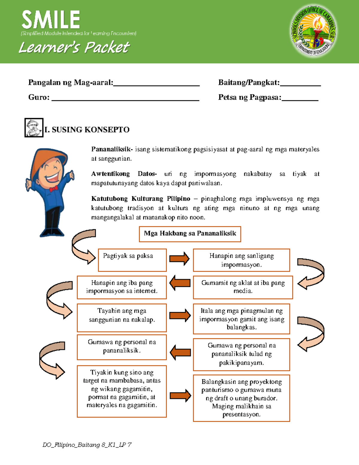 SLP7 FIL8 Kuwarter 1-1 - I. SUSING KONSEPTO Pangalan ng Mag-aaral:_____________________ - Studocu