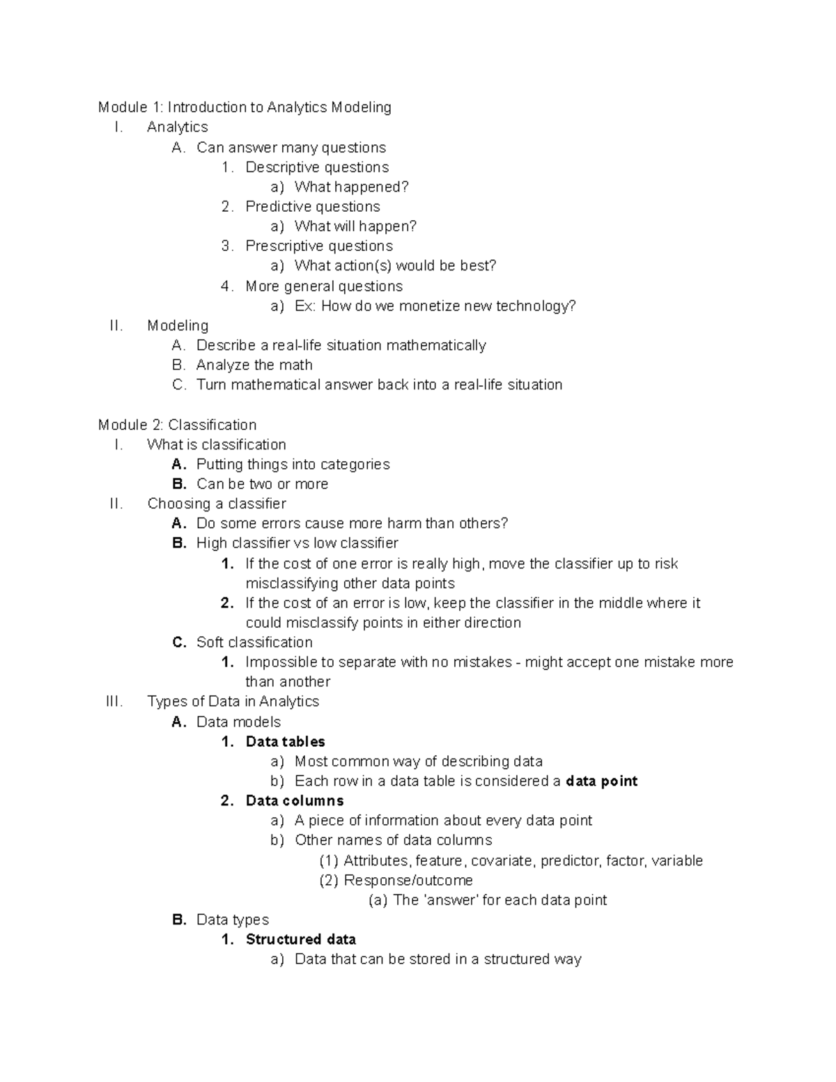 Isye6501 Class Notes Module 1 Introduction To Analytics Modeling I Analytics A Can Answer