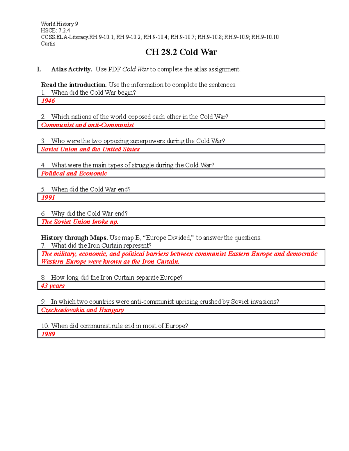 Cold War - wkst - worksheet - World History 9 HSCE: 7. CCSS.ELA ...