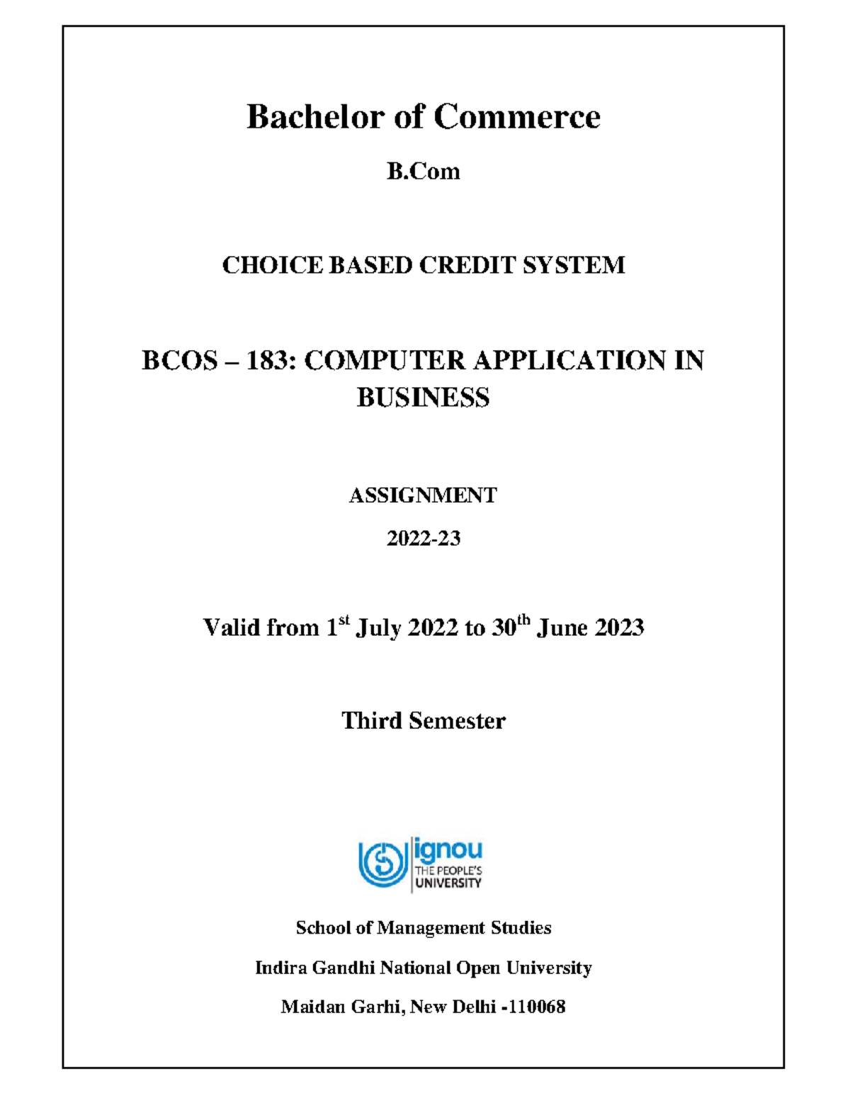 BCOS-183 - Assignment questions paper - Bachelor of Commerce B CHOICE ...
